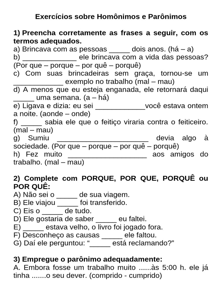 Exercícios Sobre Homônimos e Parônimos - Quadro | PDF