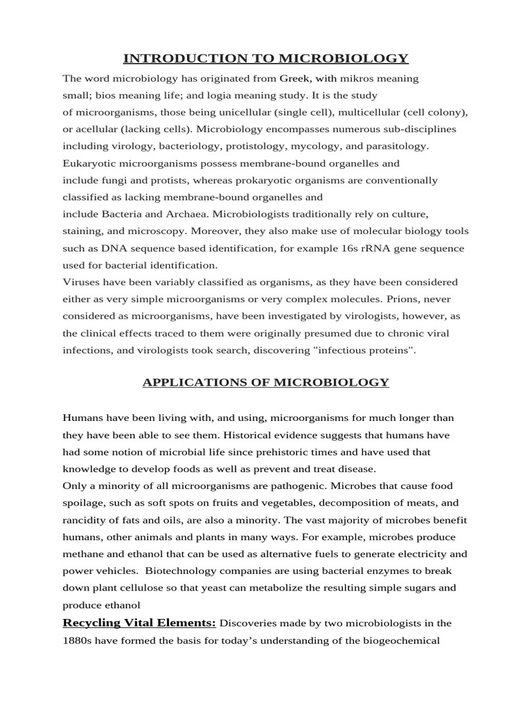 Topic 01 Introduction To Microbiology Pdf Microbiology Microorganism