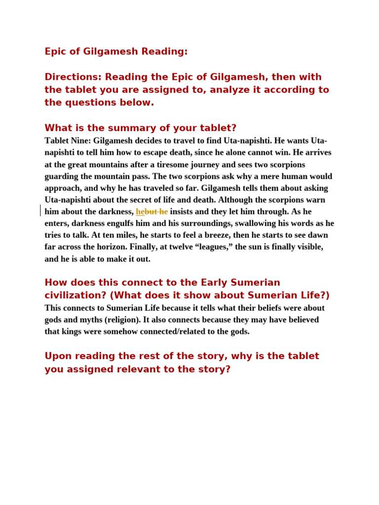 Epic of Gilgamesh Reading | PDF