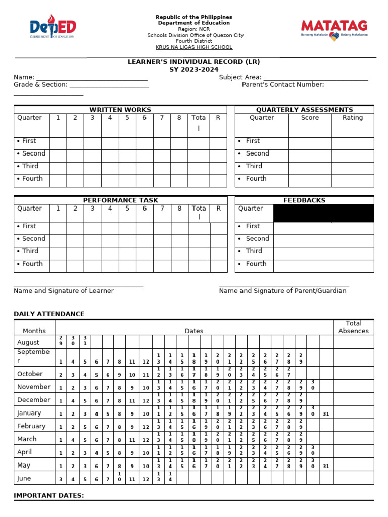 Learner's Individual Record SY 2023-2024 | PDF