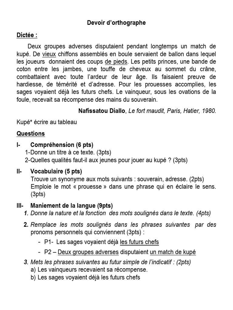 Dictée de 4ème : Exercice et Questions | PDF