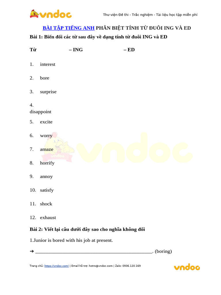 Bai Tap Phan Biet Tinh Tu Duoi Ing Va Ed Trong Tieng Anh Co Dap An | PDF