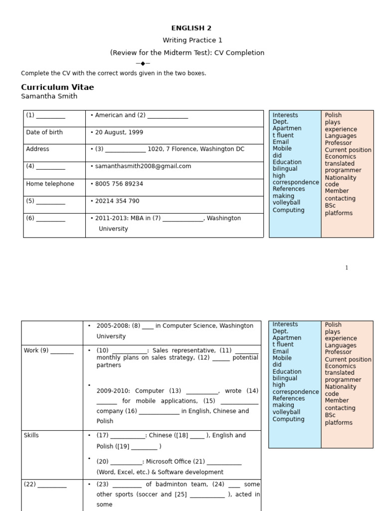 English 2_CV Completion_Practice 1 | PDF | Information Technology | Systems Engineering
