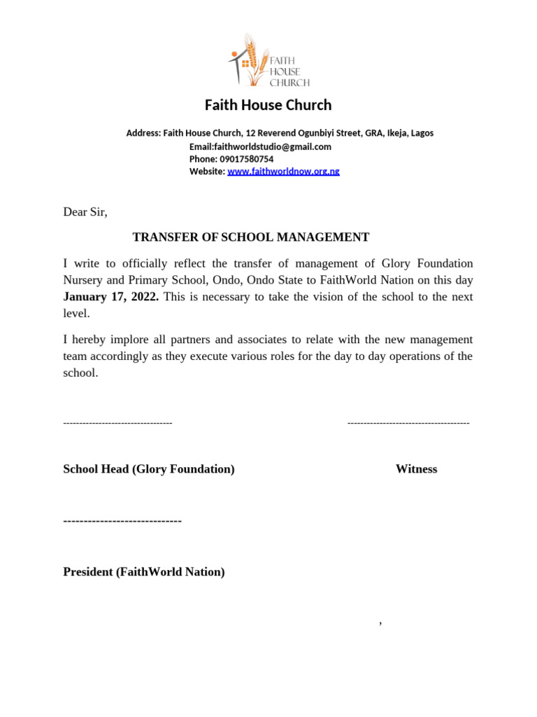 Glory Foundation handover letter | PDF