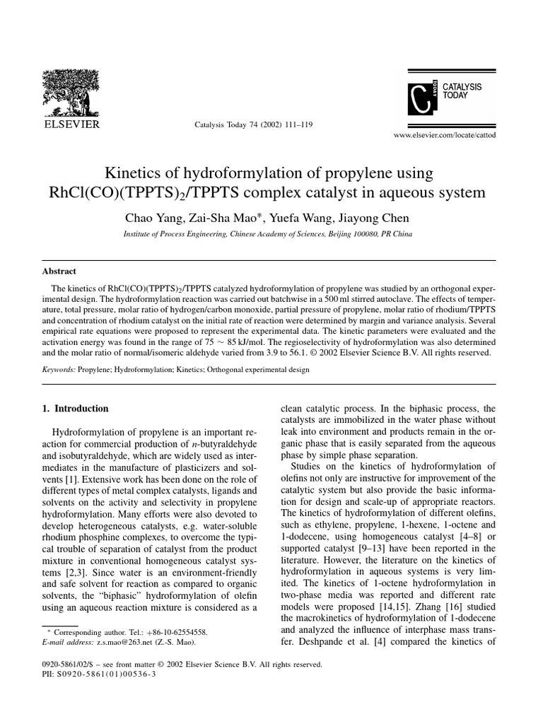 Kinetics of Hydroformylation of Propylen | PDF | Catalysis | Chemical ...