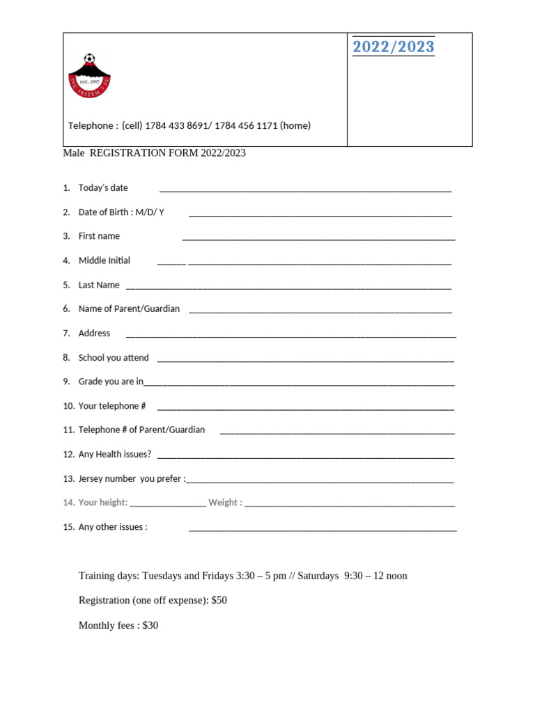 System 3 Sports Academy Male Registration Form 2024 - 2025 | PDF