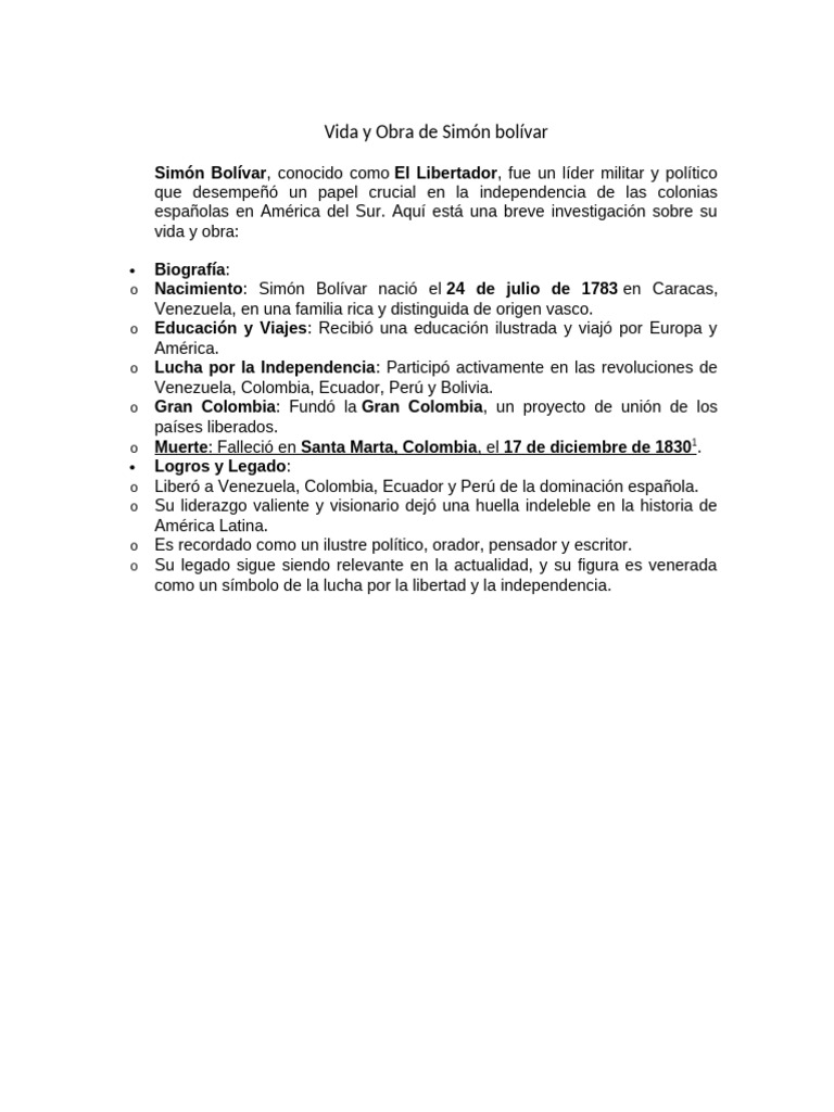 Vida y Obra de Simón Bolívar | PDF | Historia