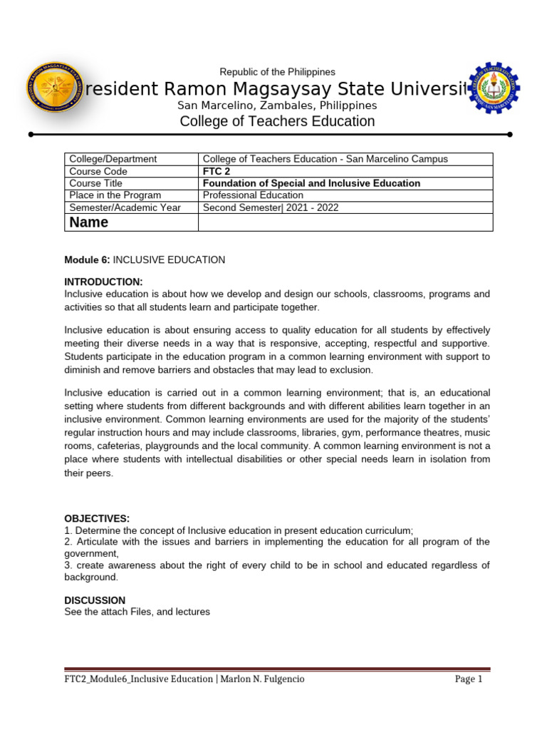 Module6 FTC2 Inclusive Education | PDF | Inclusion (Education)
