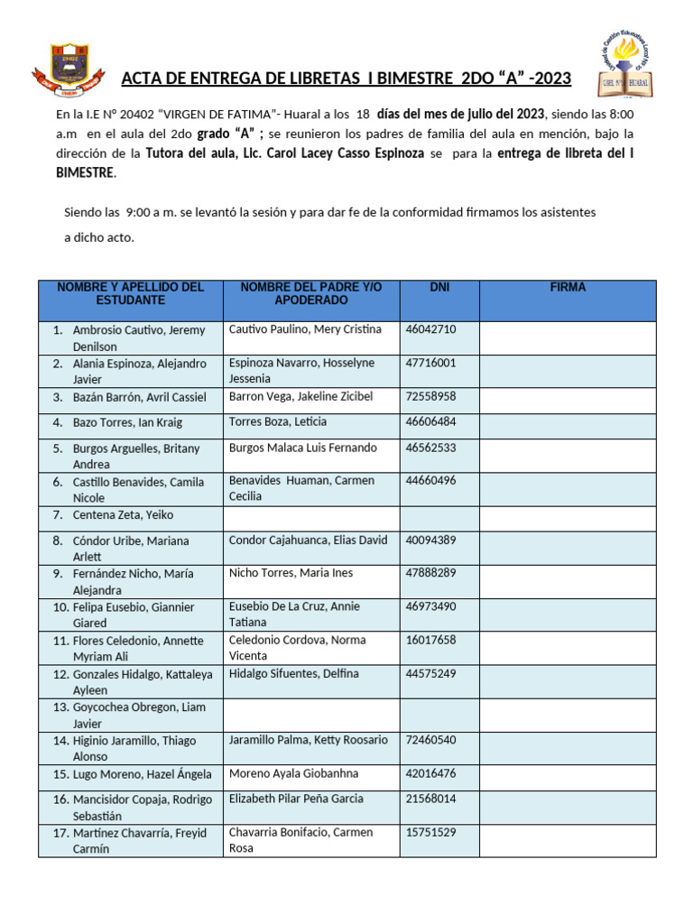 Acta de Entrega de Libretas 2023 | PDF