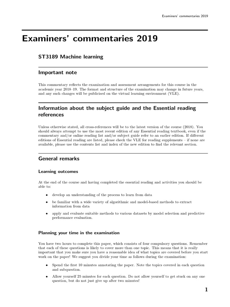ST3189 - Machine Learning - 2019 Examiners Commentaries | PDF | Dependent And Independent ...