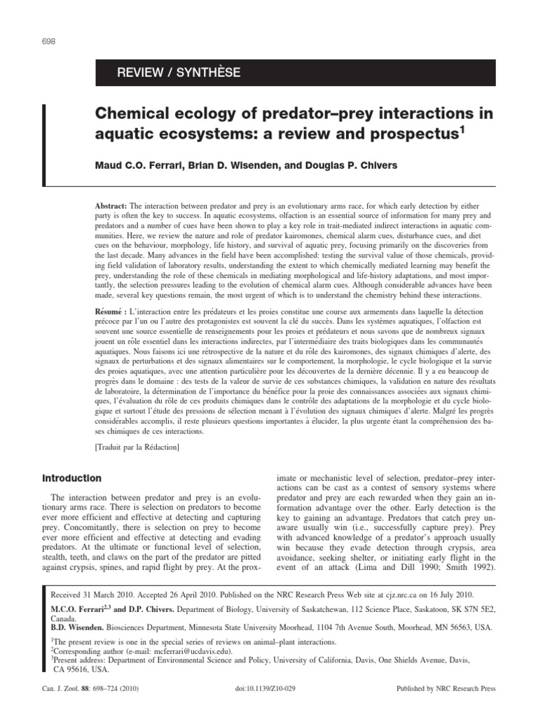 Chemical Cues in Aquatic Predator-Prey Dynamics | PDF | Predation | Odor