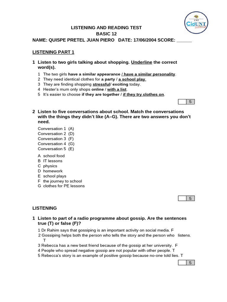 Basic 12 Reading and Listening | PDF
