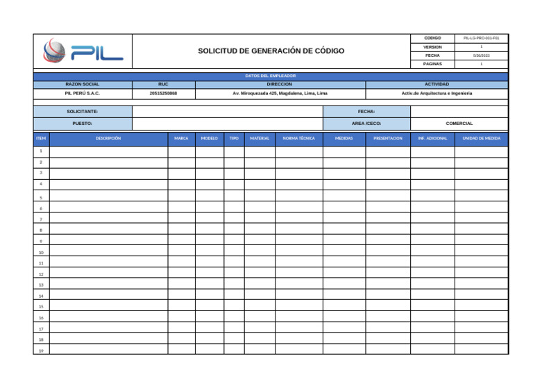 Pil-Lg-Pro-001-F01 Solicitud de Creacion de Codigos - 1 | PDF Pil-Lg-Pro-001-F01 Solicitud de Creacion de Codigos - 1 | PDF
