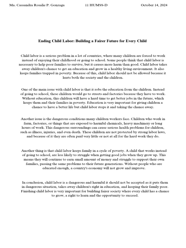 Ma. Cassandra Rosalie P. Gonzaga - 20241013 - 192211 - 0000 | PDF | Child Labour | Poverty