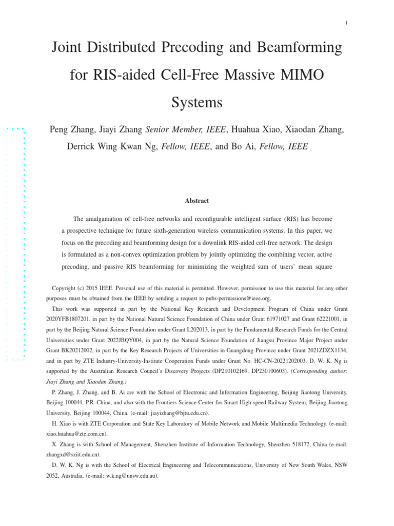 Joint Distributed Precoding and Beamforming For RIS-aided Cell-Free Massive MIMO Systems | PDF ...