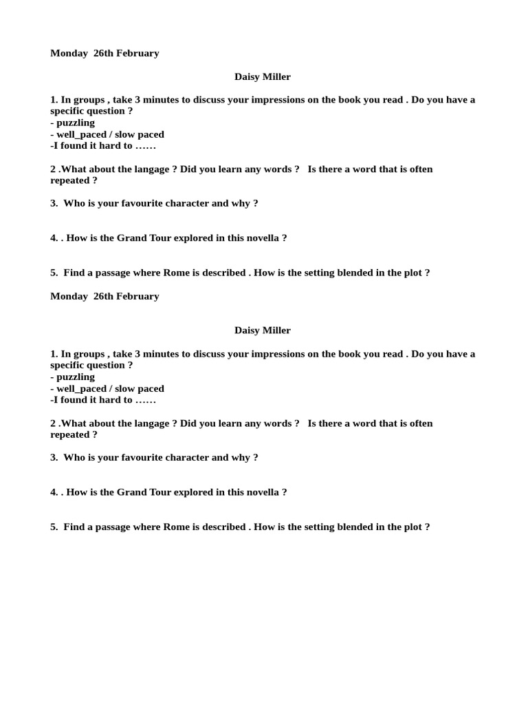 Discussion Guide for Daisy Miller | PDF | Language Arts & Discipline ...