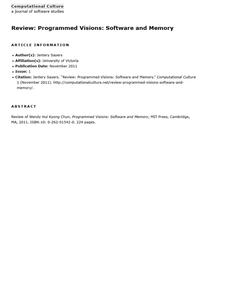 Review - Programmed Visions - Software and Memory - Computational ...