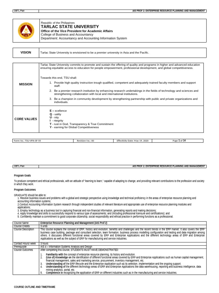 TSU Enterprise Resource Planning Course | PDF | Enterprise Resource ...