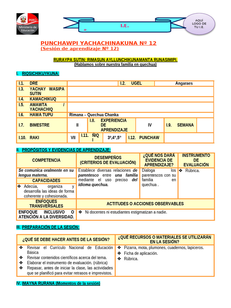 Sesión de Aprendizaje #12 - 3º,4°,5° - Quechua | PDF | Evaluación | Aprendizaje