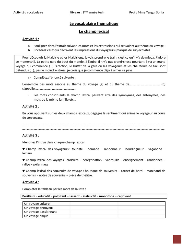 Vocabulaire du voyage en 3ème année | PDF