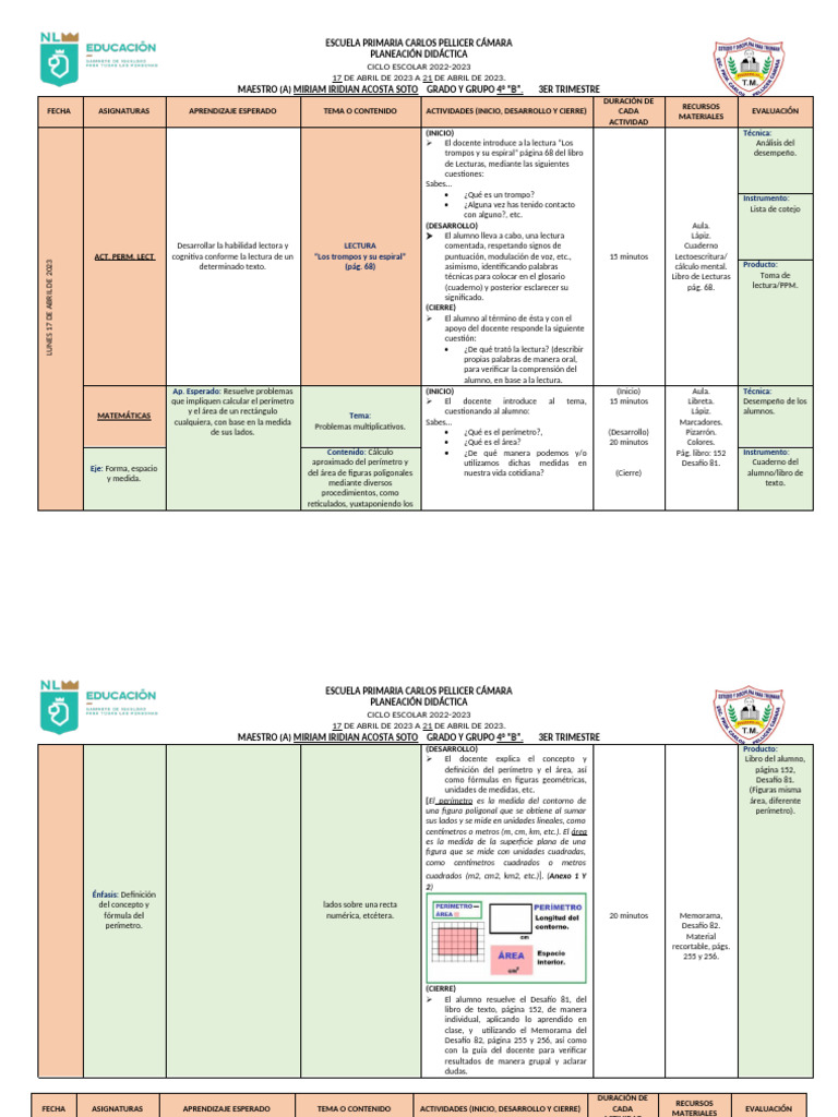 4° B - Plan de Trabajo 17 Abr - 21 Abr Ciclo 22-23 | PDF | Educación ...