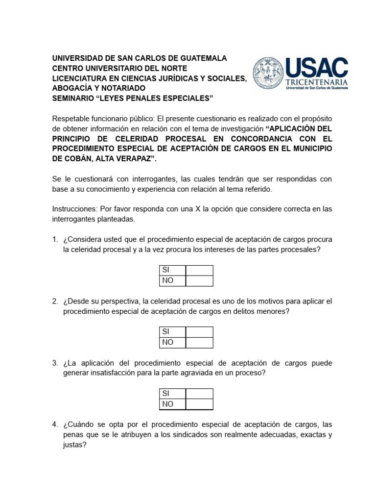 Celeridad Procesal en Cobán: Cuestionario | PDF | Ley procesal | Abogado