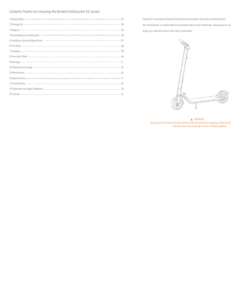 Manual de Usuario Segway Ninebot KickScooter ES2 (Español - 60 Páginas) | PDF