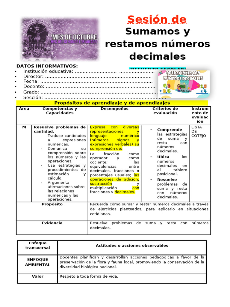 6º Grado Dia 3 Mat. Sumamos y Restamos Números Decimales | PDF | Evaluación | Sustracción