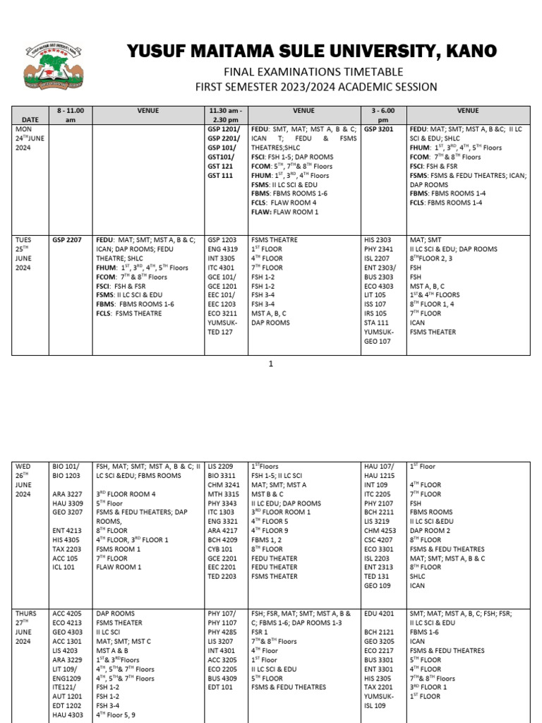 ADJUSTED Final Exams Timetable 1st Semester 2023-2024 | PDF