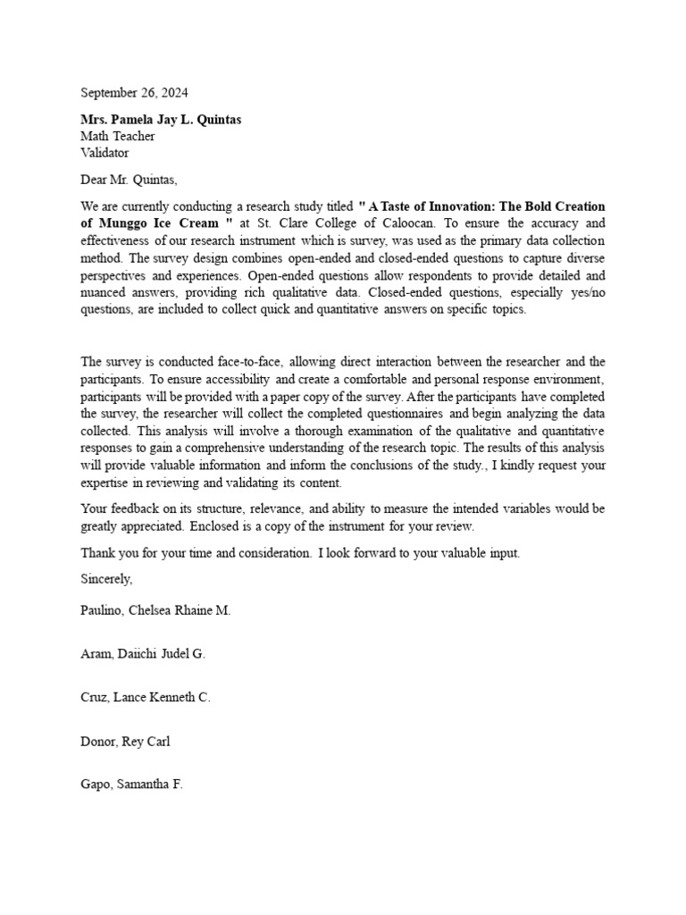 Letter For Validation of Instrument | PDF | Wellness