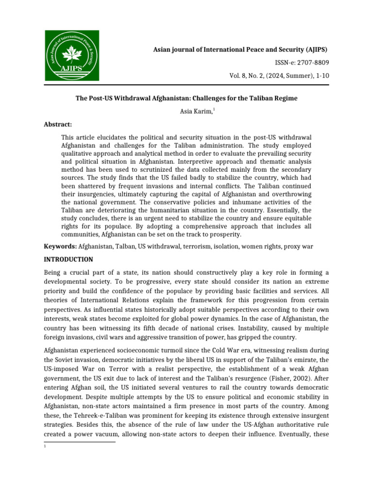 4. the Post-US Withdrawal Afghanistan Challenges for the Taliban Regime ...