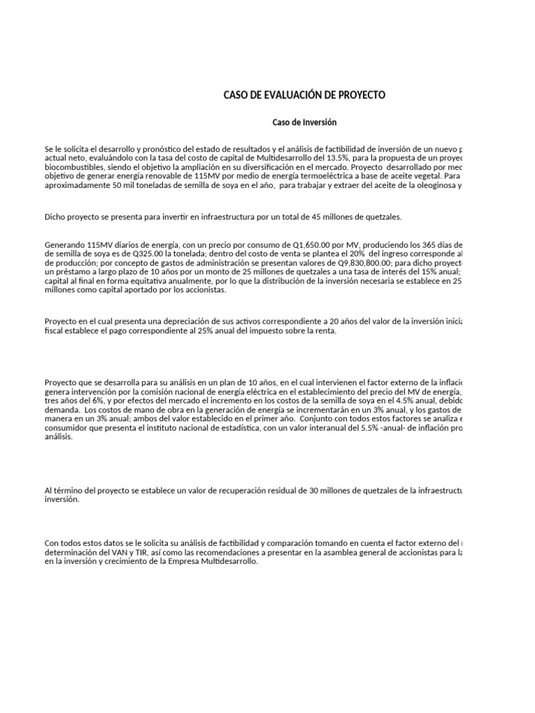 Caso Evaluaci N de Proyecto | PDF | Inflación | Inversiones