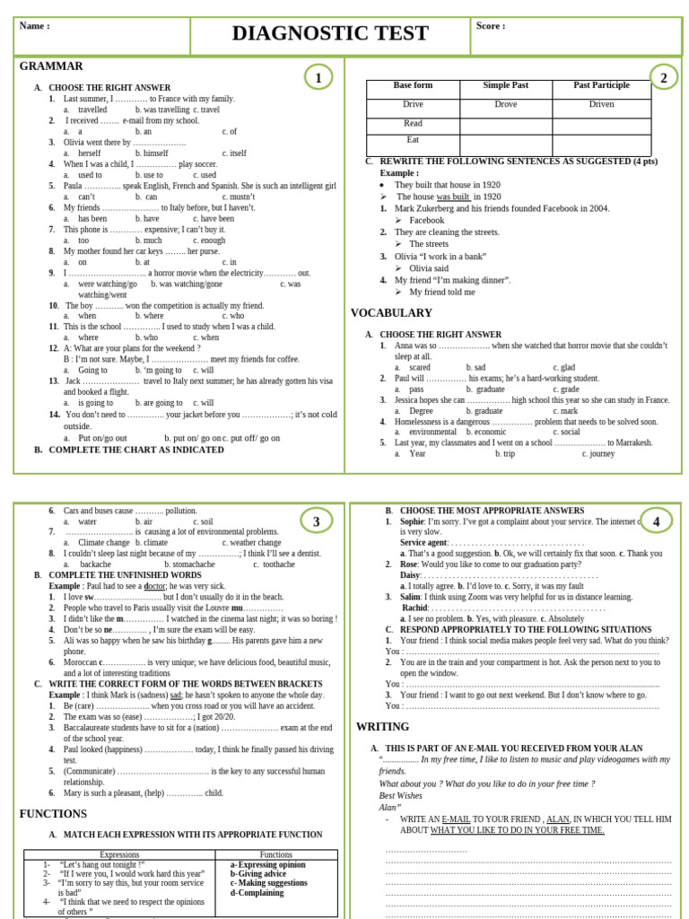 2nd Year Baccalaureate Class Diagnostic Test | PDF