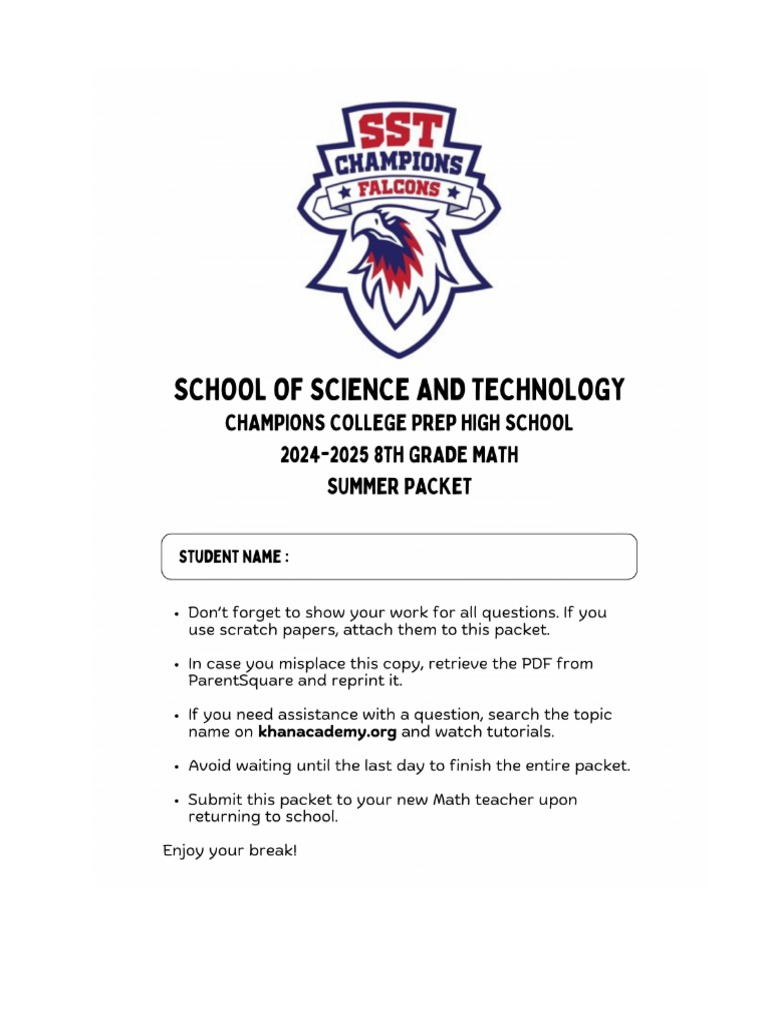 9th Grade Math Summer Review Packet | PDF | Mathematics | Mathematical ...