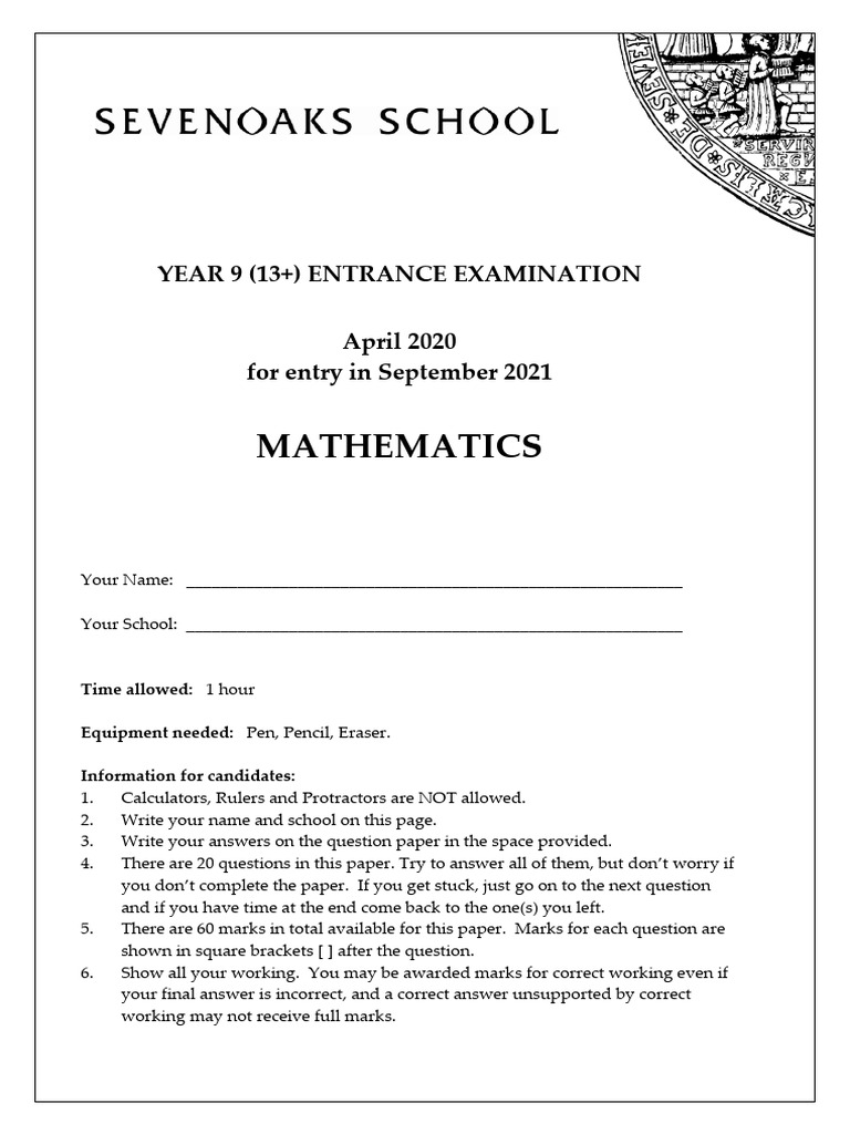 MATHS_Y9_Entrance_Exam_2021 | PDF | Mathematics | Euclidean Geometry