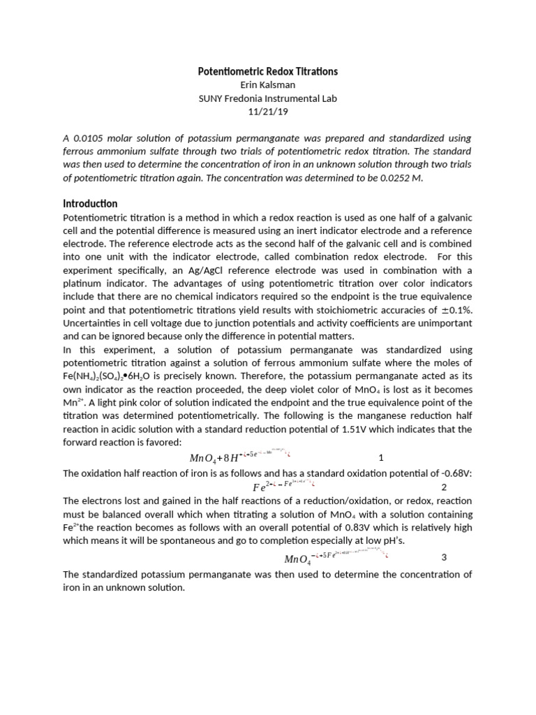 Potentiometric Redox Titrations REVISE | PDF | Titration | Chemistry