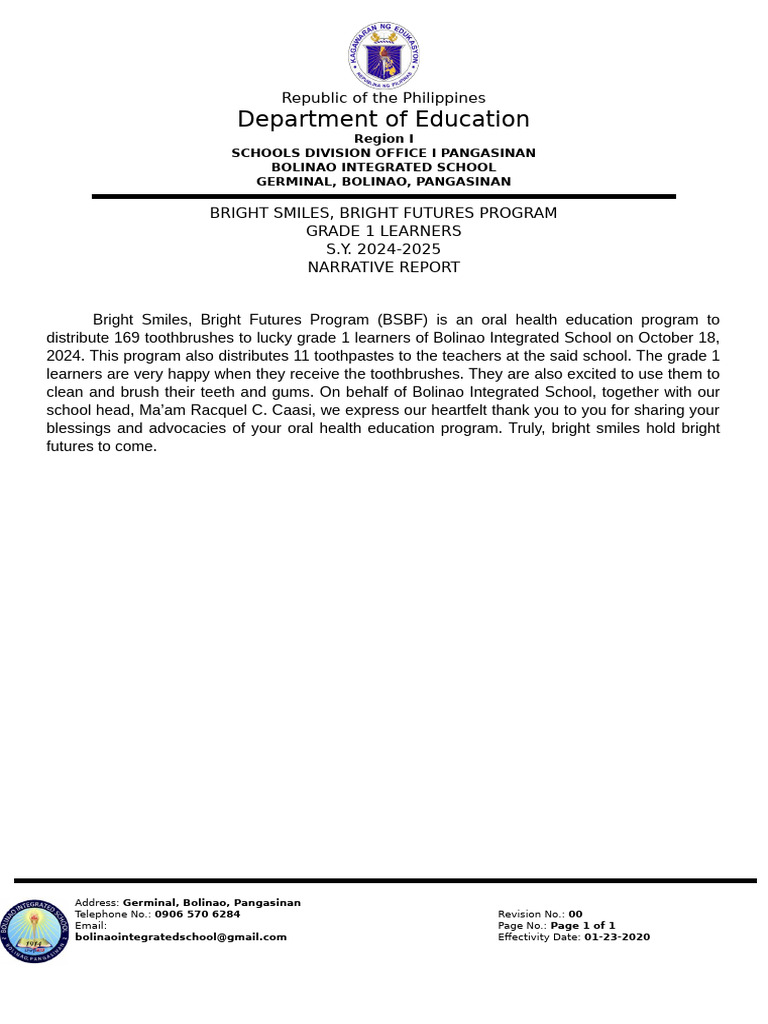 Bright Smiles Program Report 2024-2025 | PDF