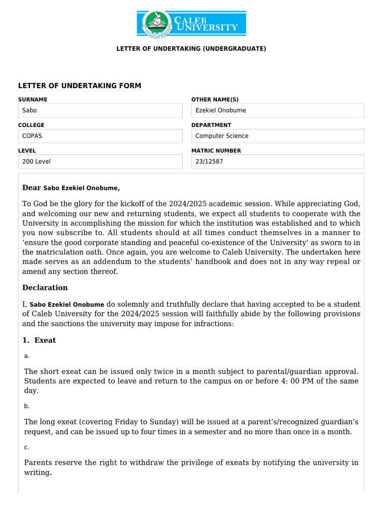 Caleb University Student Undertaking Form | PDF | Dress