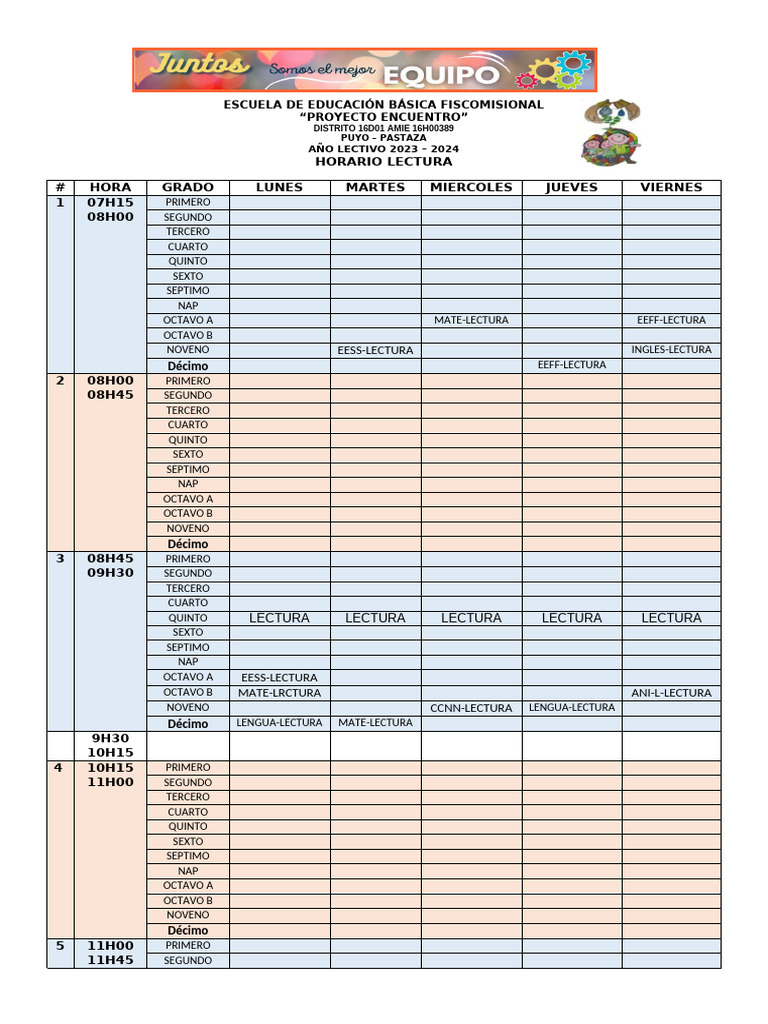 Horario de Lectura 2023-2024 Puyo | PDF