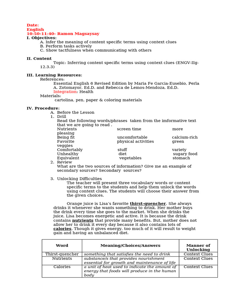 Cot_dlp_english 6 by Teacher Teresita b. Armendares | PDF | Foods | Nutrition