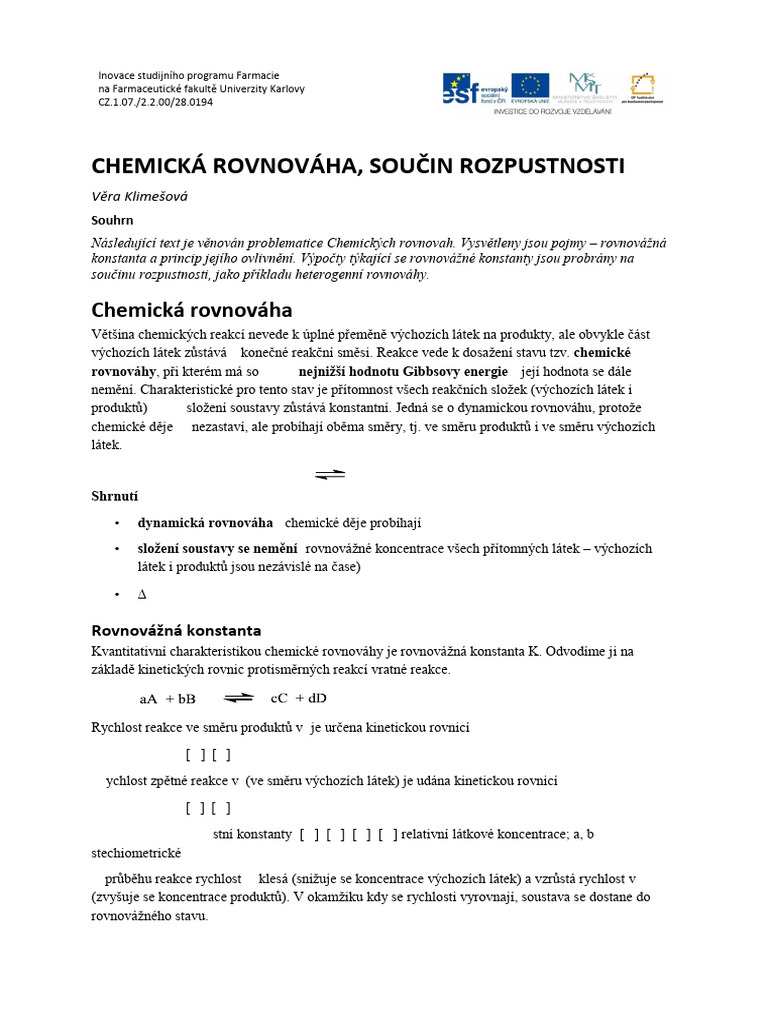 Chemická Rovnováha, Součin Rozpustnosti | PDF