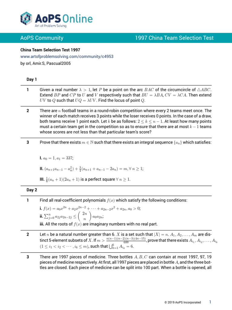 Aops Community 1997 China Team Selection Test | PDF | Elementary ...