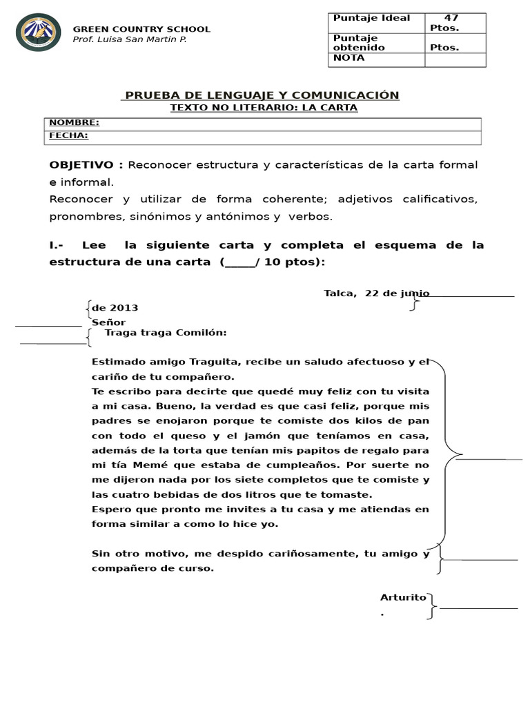 Prueba La Carta Formal e Informal | PDF