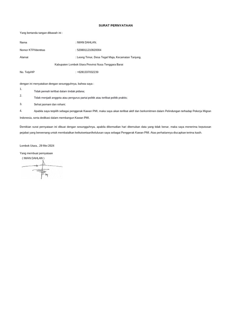 Draf Surat Pernyataan Calon Kawan PMI | PDF | Pengembangan Diri