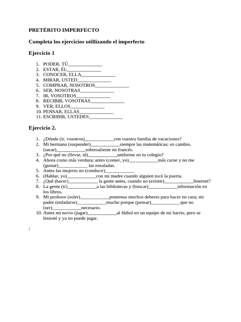 PRETÉRITO IMPERFECTO-Ejercicios | PDF