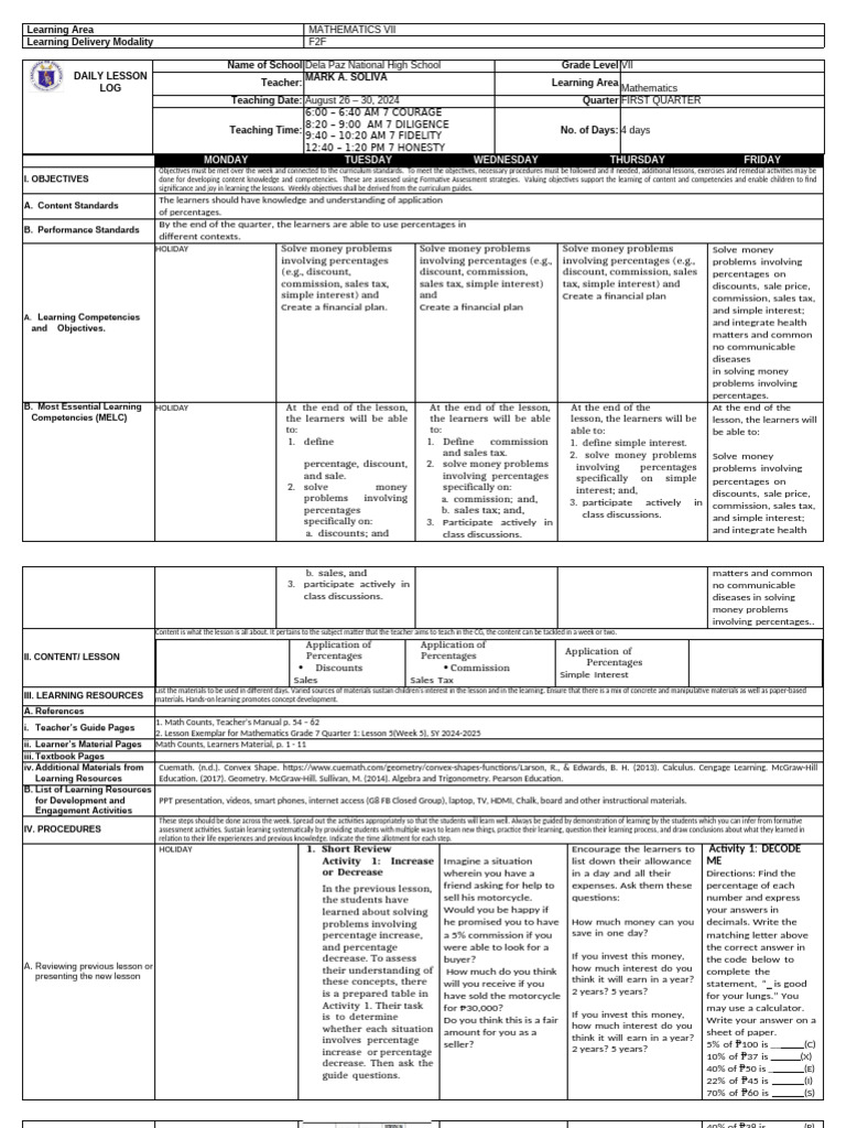 G7 Math Q1 W5 DLL SOLIVA | PDF | Percentage | Learning