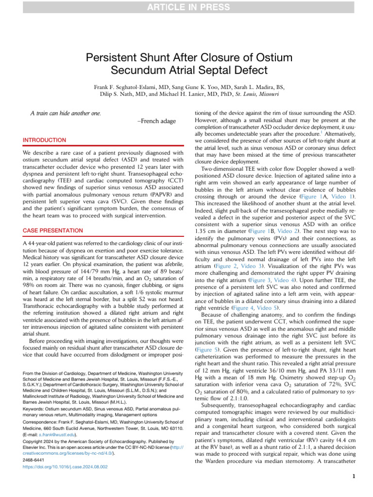 Persistent Shunt After Secundum ASD Closure 2024 CASE | PDF | Atrium ...