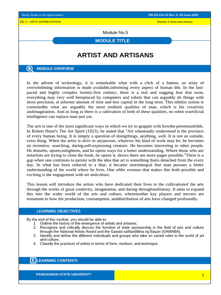 Module 5 Artist and Artisan | PDF | Paintings | Museum