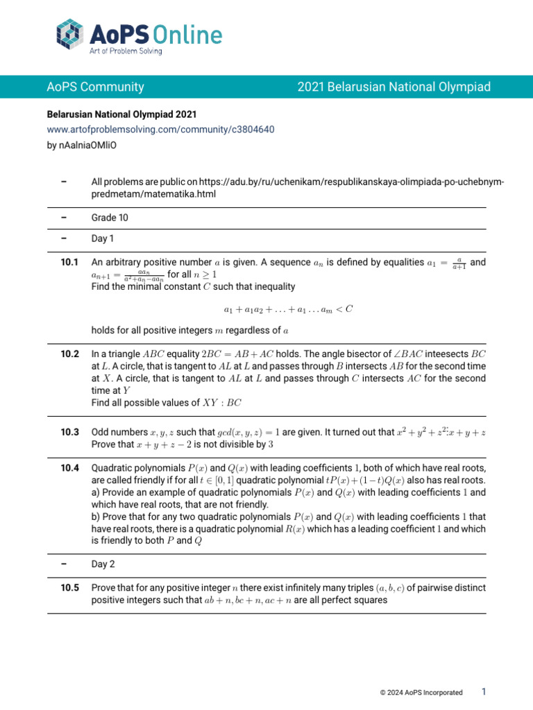 Aops Community 2021 Belarusian National Olympiad | PDF | Mathematical ...