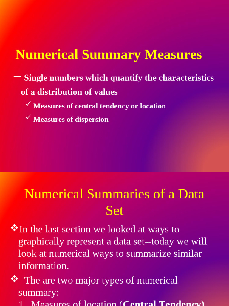 2descriptive Numerical Summary Measures Central | PDF | Standard Deviation | Median